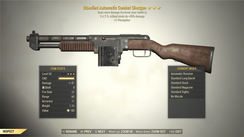 3* Bloodied COMBAT SHOTGUN 50% VATS Crit [+1 Perception] Fallout 76 (PC ...