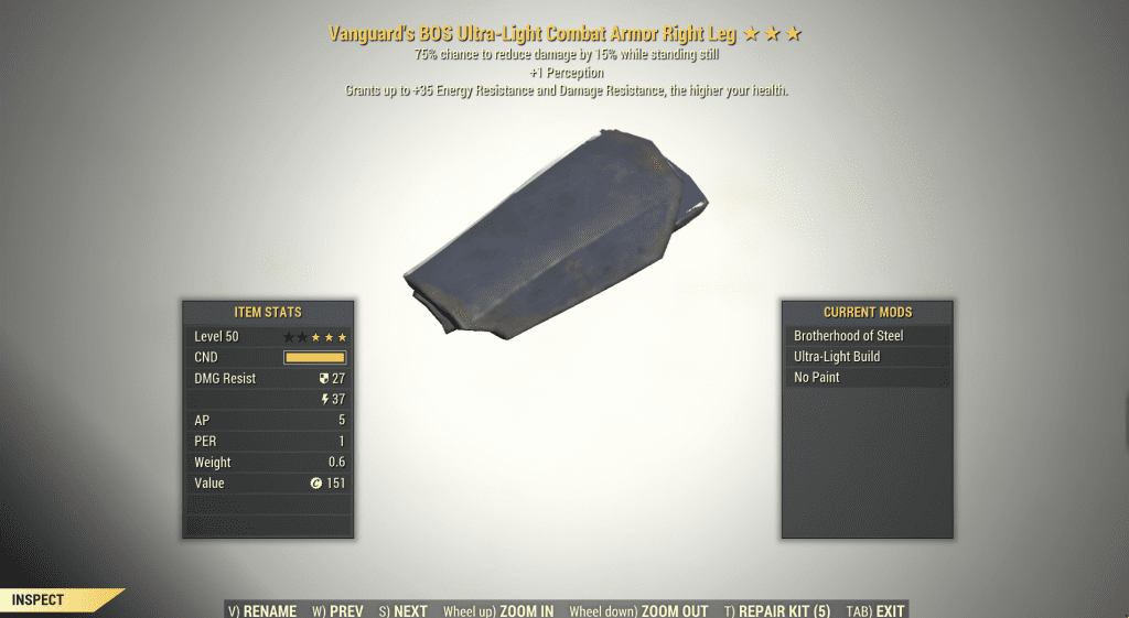 3* Vanguard Sentinel LIGHT COMBAT Right Leg Armor [+1 Perception ...
