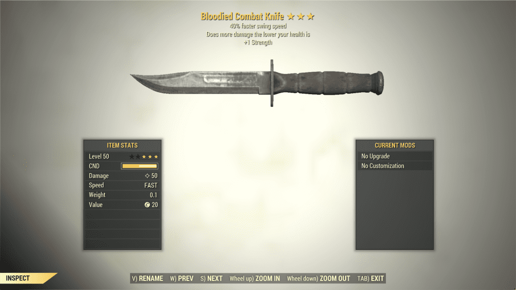 3* Bloodied COMBAT KNIFE Swing Speed [+1 Strength] Fallout 76 (PC ...