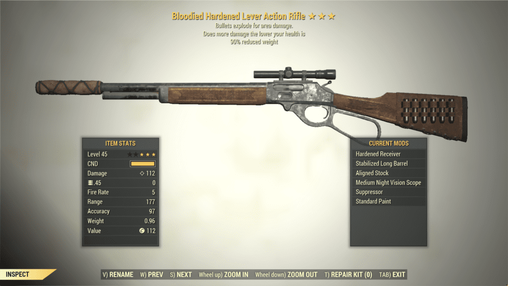 3* Bloodied LEVER ACTION RIFLE Explosive [90% Reduced Weight] Fallout ...