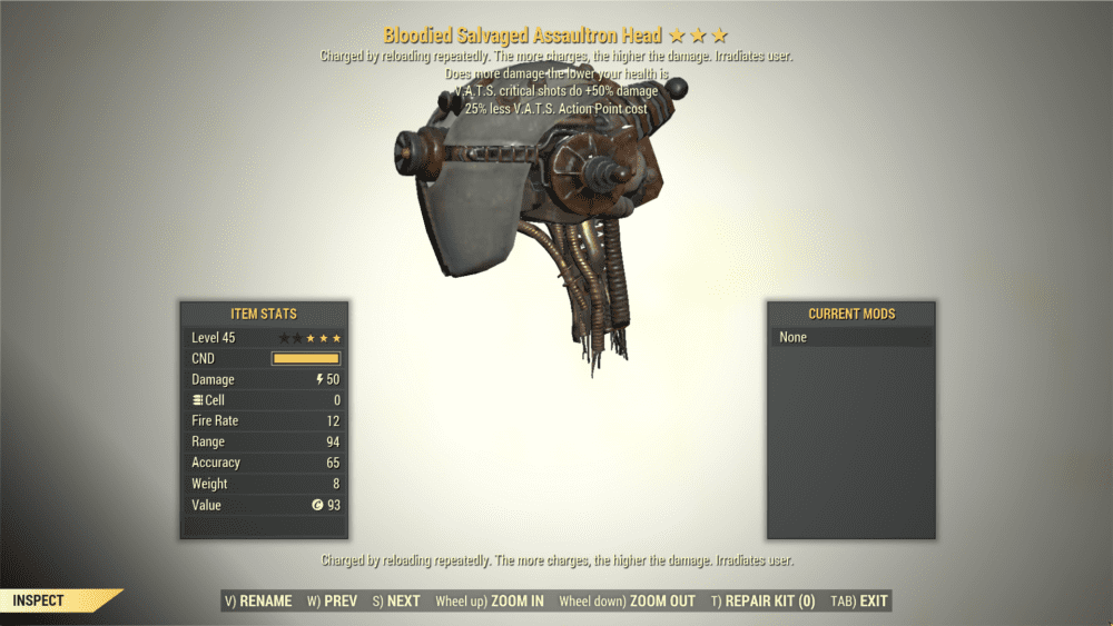 3* Bloodied SALVAGED ASSAULTRON HEAD 50% VATS Crit [25% VATS Cost ...