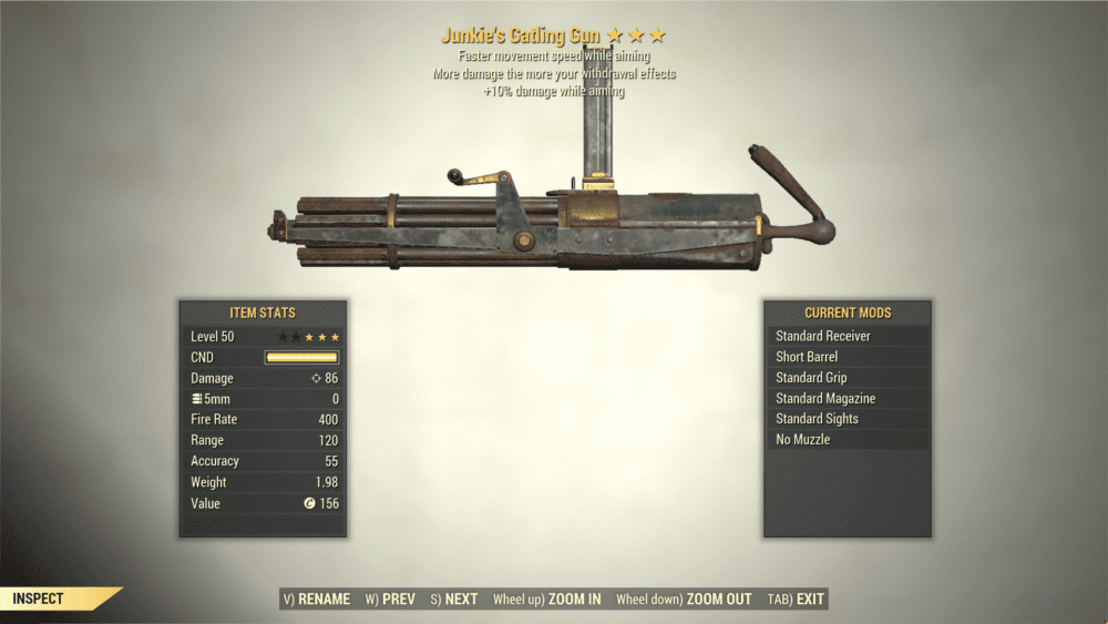 3* Junkie's GATLING GUN Aim Damage [Movement] Fallout 76 (PC) - Buy ...