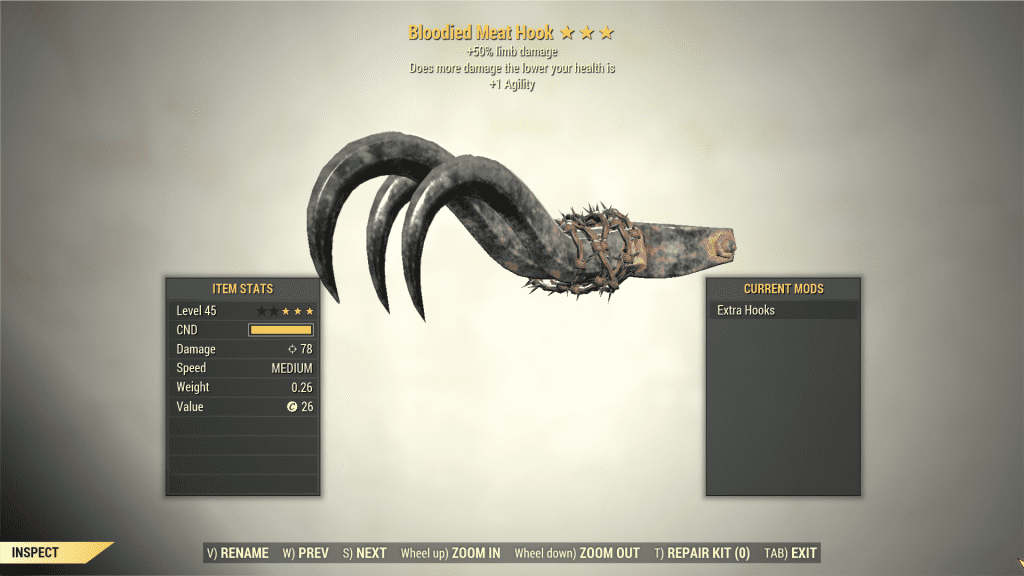3* Bloodied MEAT HOOK Limb Damage [+1 Agility] Fallout 76 (PC) - Buy ...