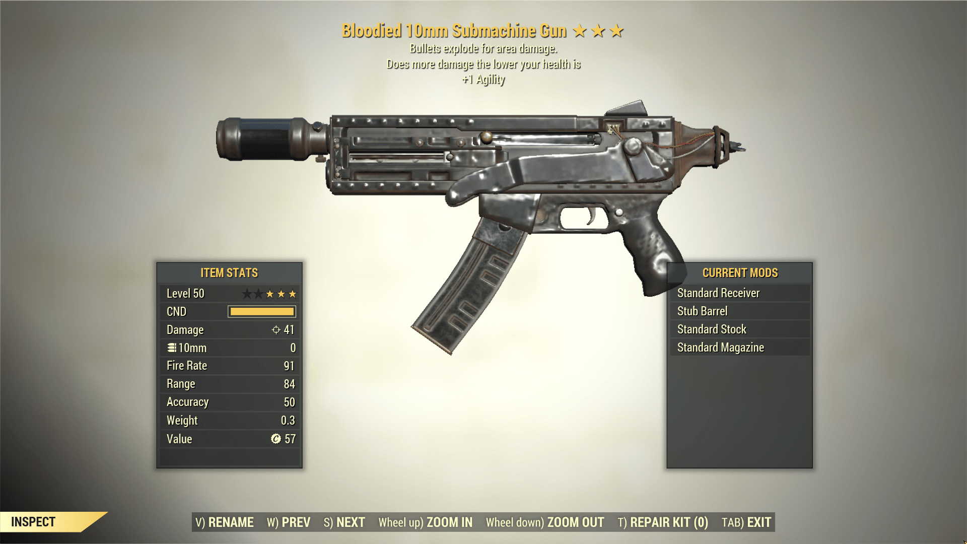 3* Bloodied 10MM SUBMACHINE GUN Explosive [+1 Agility] Fallout 76 (PC ...