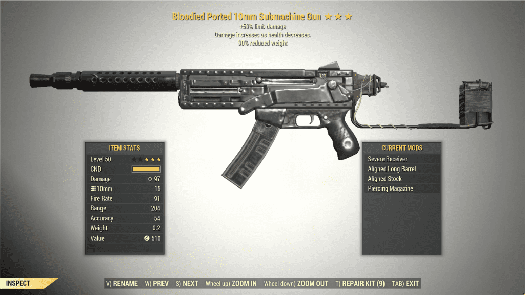 3* Bloodied 10MM SUBMACHINE GUN Limb Damage [90% Reduced Weight ...