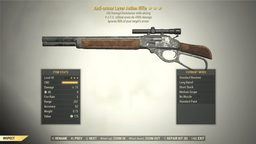 3* Anti-Armor LEVER ACTION RIFLE 50% VATS Crit [+50 DR] Fallout 76 (PC ...