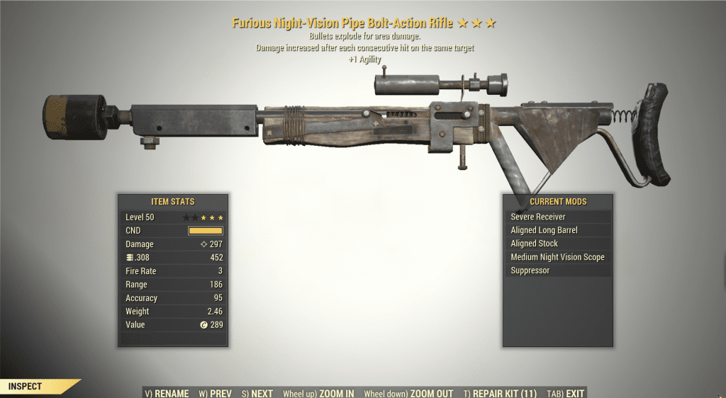 3* Furious PIPE BOLT-ACTION RIFLE Explosive [+1 Agility] Fallout 76 (PC ...