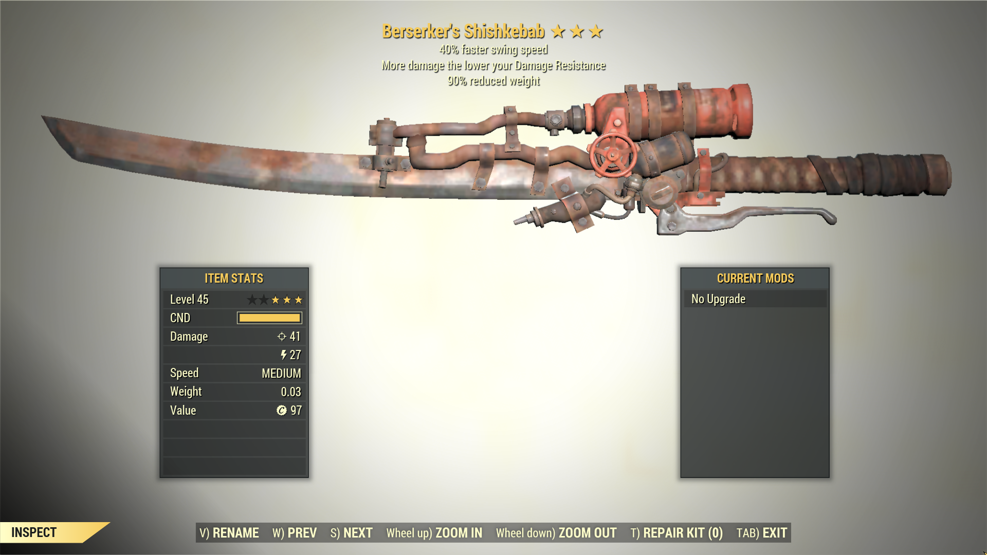 3* Berserker's SHISHKEBAB Swing Speed [90% Reduced Weight] Fallout 76 ...