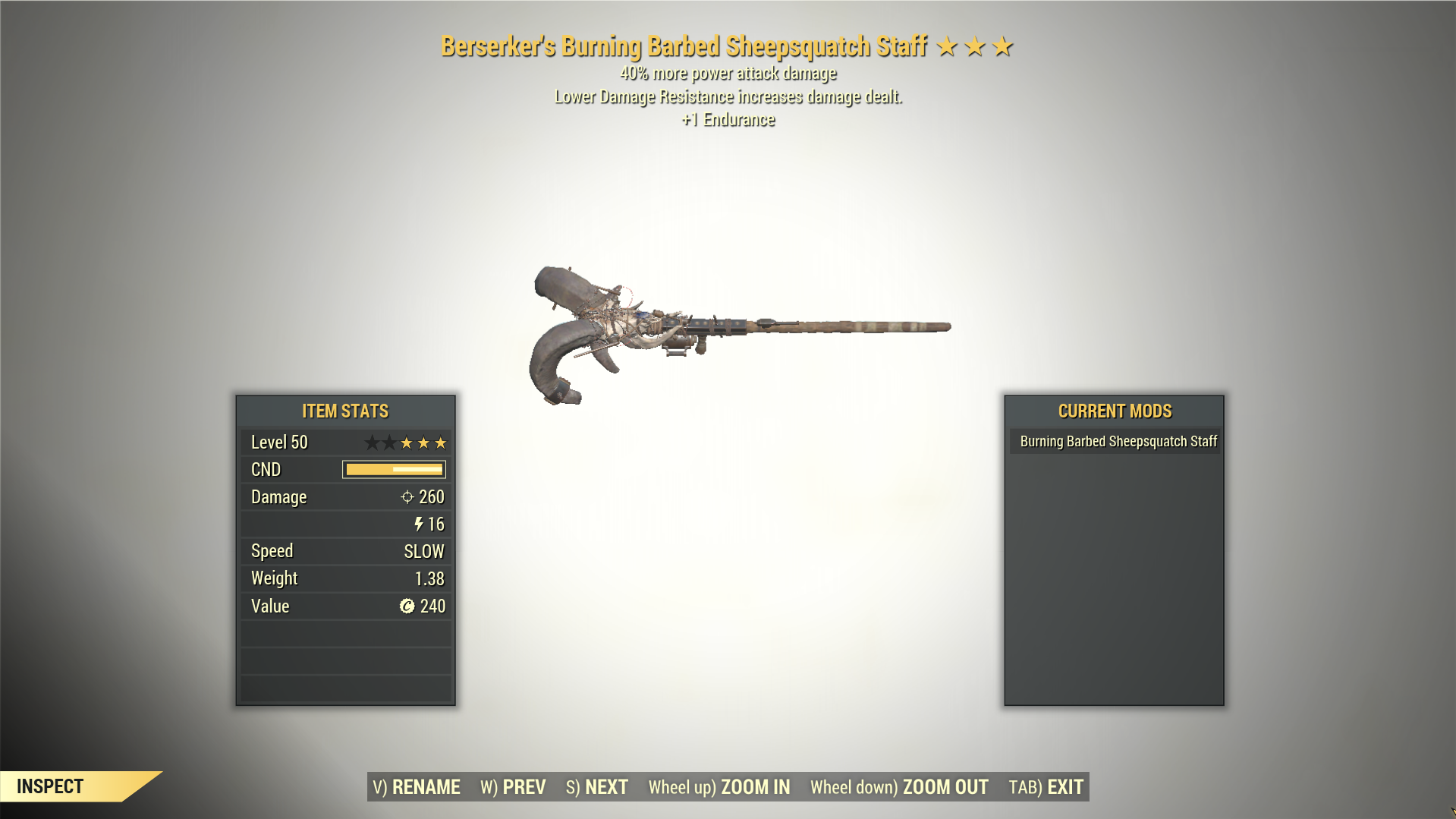3* Berserker's SHEEPSQUATCH STAFF Power Attack [+1 Endurance] Fallout ...