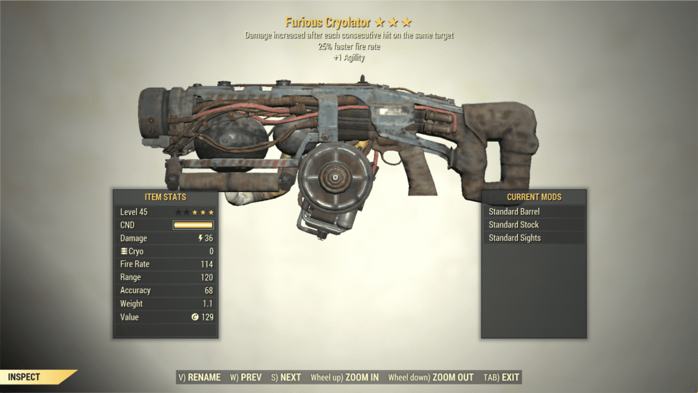 3* Furious CRYOLATOR 25% Faster Fire Rate [+1 Agility] Fallout 76 (PC ...