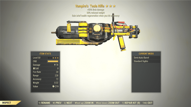 3* Vampire's TESLA RIFLE Limb Damage [90% Reduced Weight] Fallout 76 ...