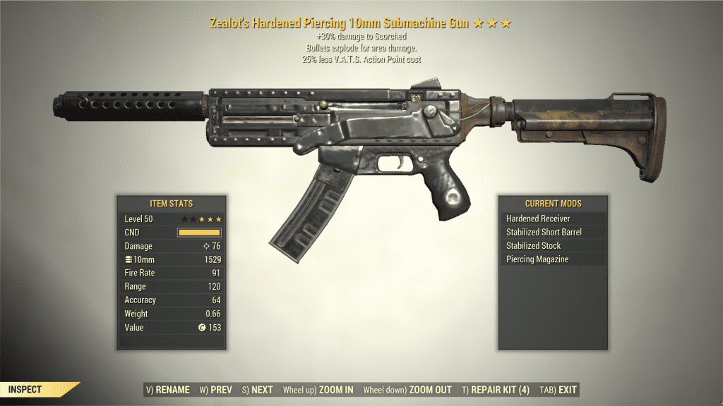 3* Zealot's 10MM SUBMACHINE GUN Explosive [25% VATS Cost] Fallout 76 ...