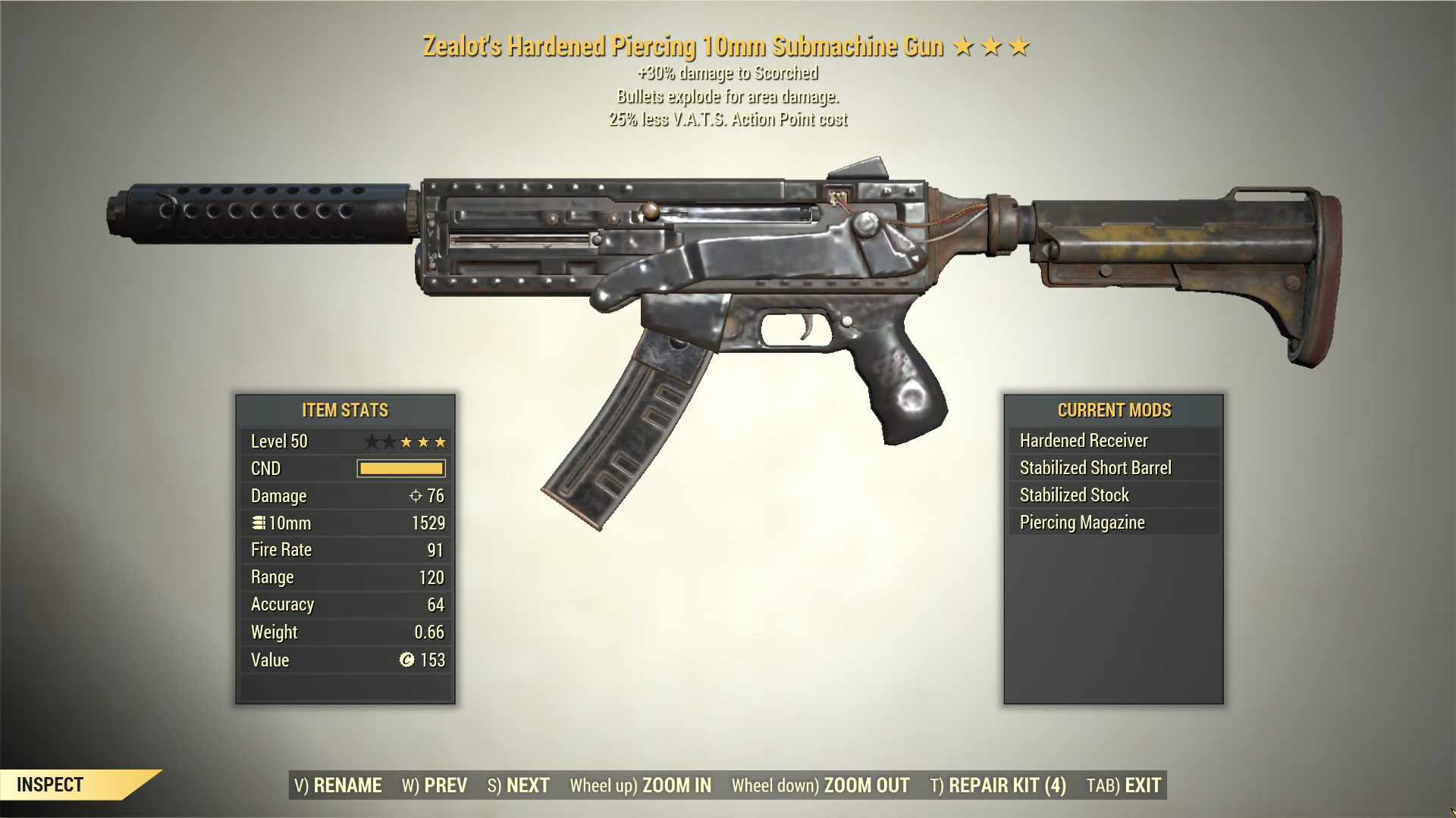 3* Zealot's 10MM SUBMACHINE GUN Explosive [25% VATS Cost] Fallout 76 ...