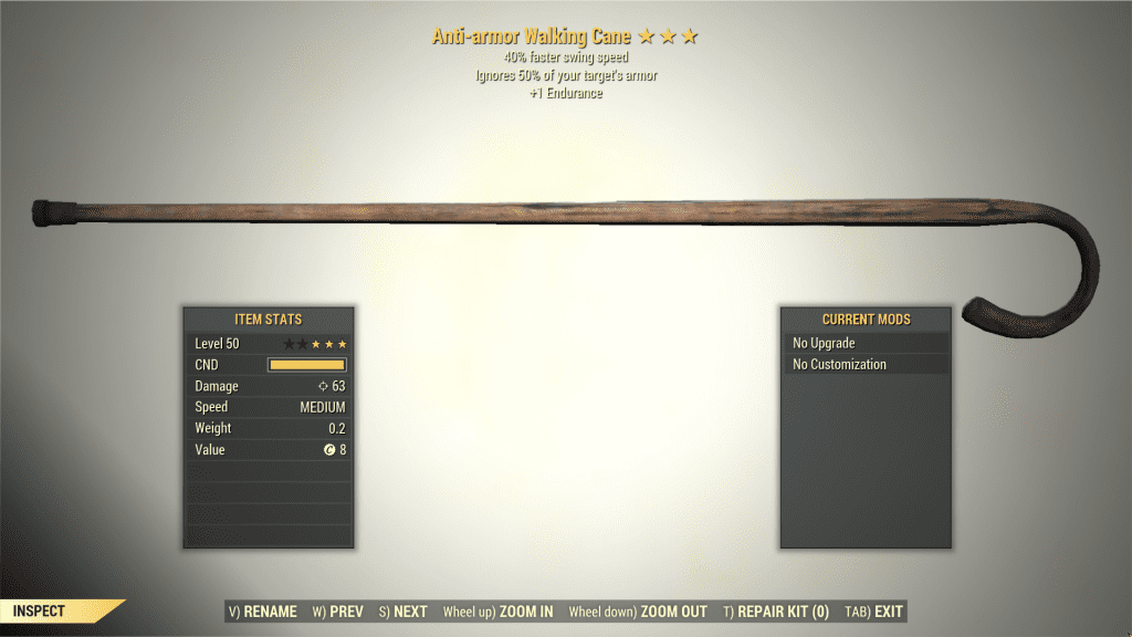 3* Anti-Armor WALKING CANE Swing Speed [+1 Endurance] Fallout 76 (PC ...