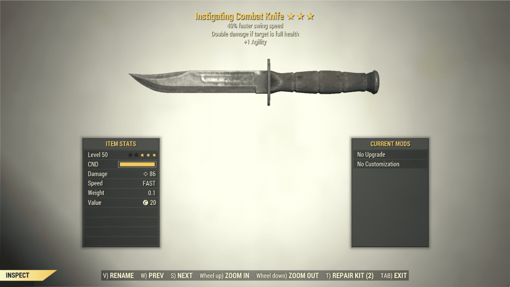3* Instigating COMBAT KNIFE Swing Speed [+1 Agility] Fallout 76 (PC ...