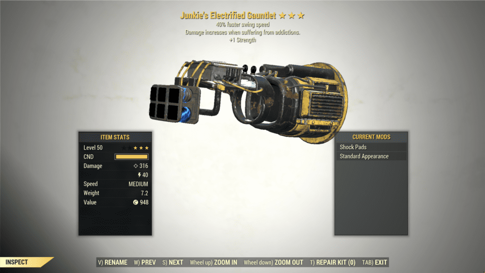 3* Junkie's ELECTRIFIED GAUNTLET Swing Speed [+1 Strength] Fallout 76 ...