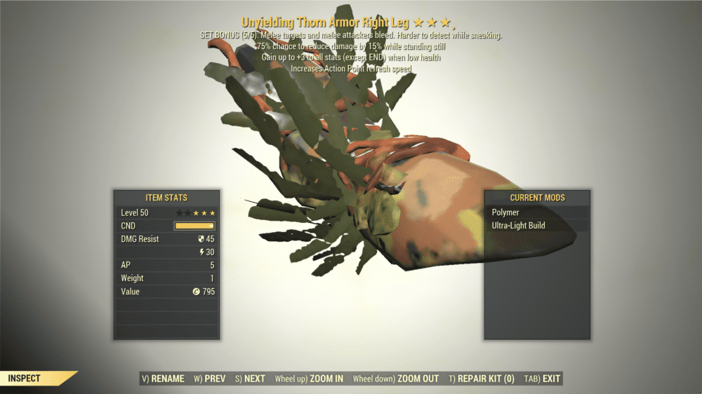 3* Unyielding Sentinel THORN Scout Armor Full Set [AP Refresh] Fallout ...