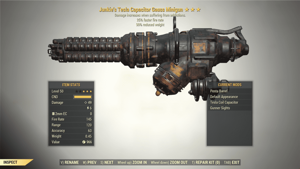 3* Junkie's GAUSS MINIGUN 25% Faster Fire Rate [90% Reduced Weight ...