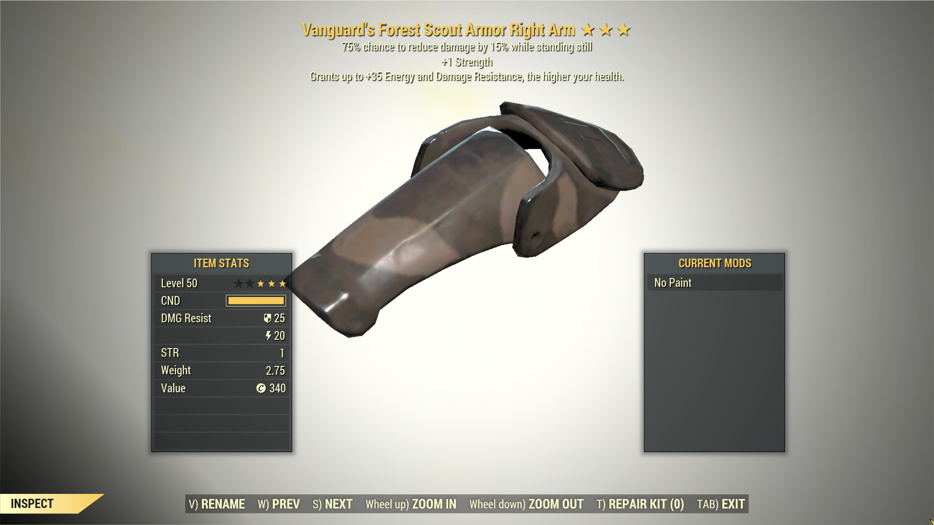 3* Vanguard Sentinel FOREST SCOUT Right Arm Armor [+1 Strength] Fallout ...