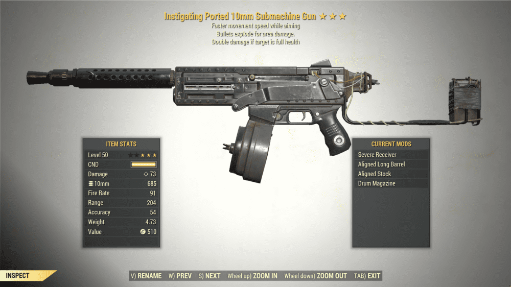 3* Instigating 10MM SUBMACHINE GUN Explosive [Aim Movement] Fallout 76 ...