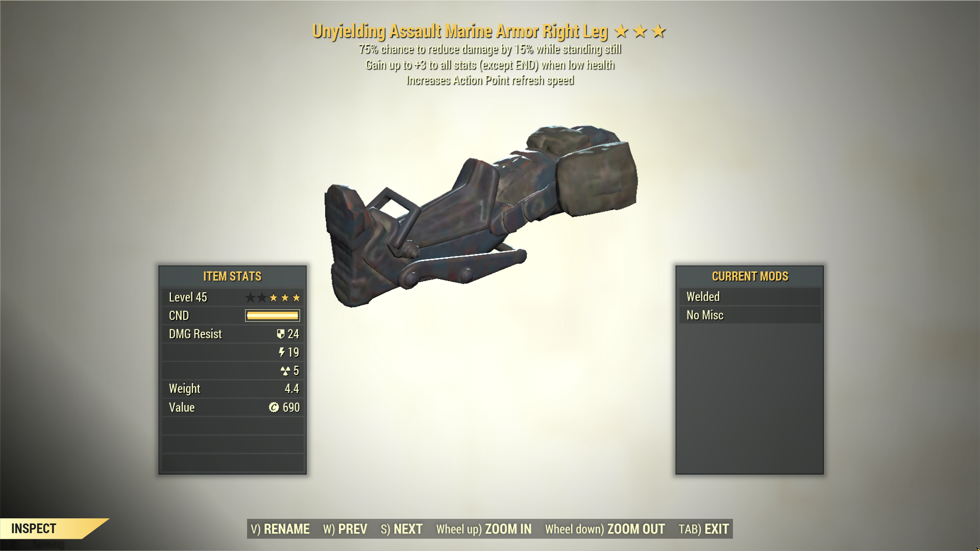 3* Unyielding Sentinel MARINE Armor Right Leg [AP Refresh] Fallout 76 ...