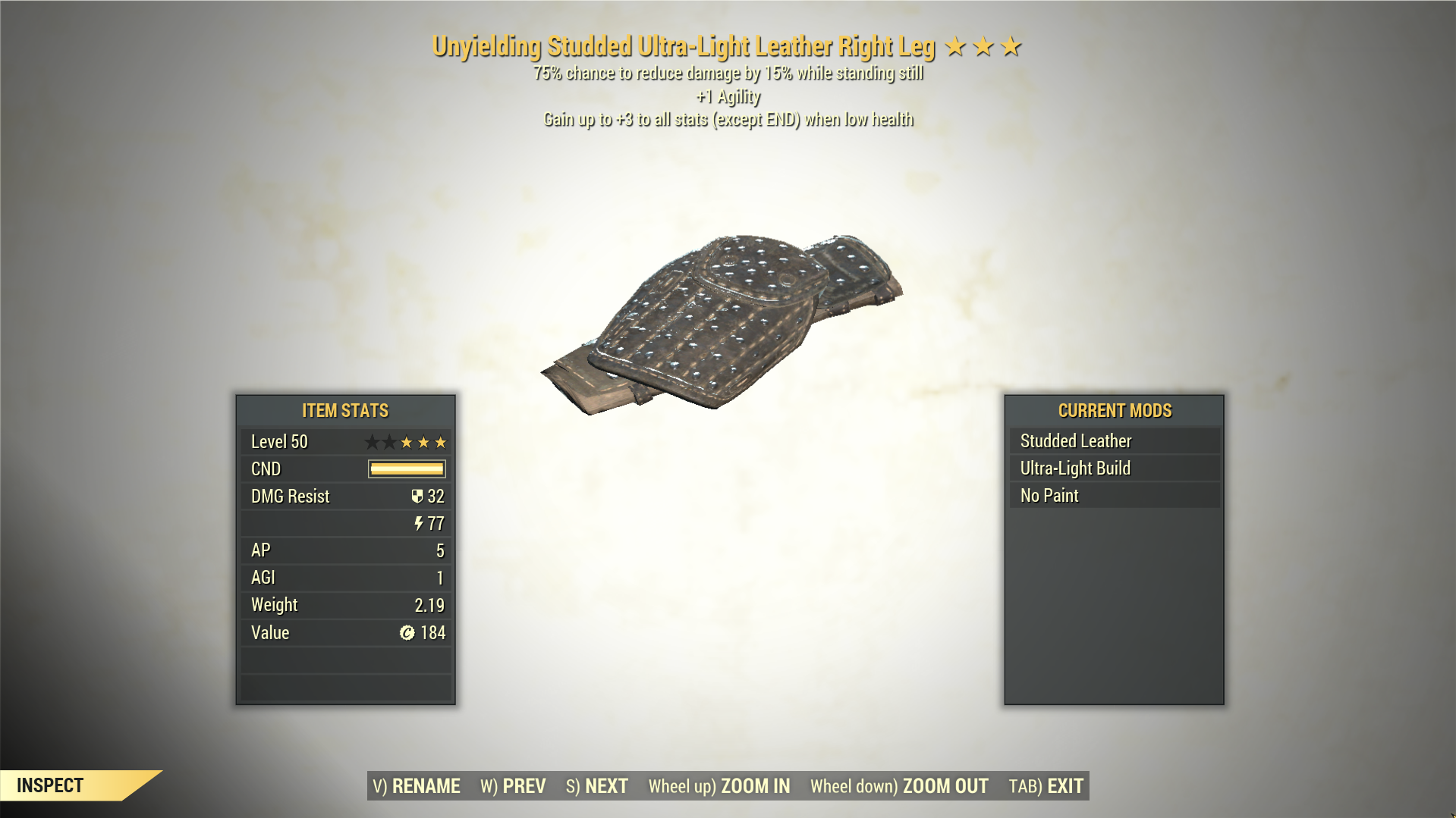 3* Unyielding Sentinel HEAVY LEATHER Armor Right Leg [Agility] Fallout ...