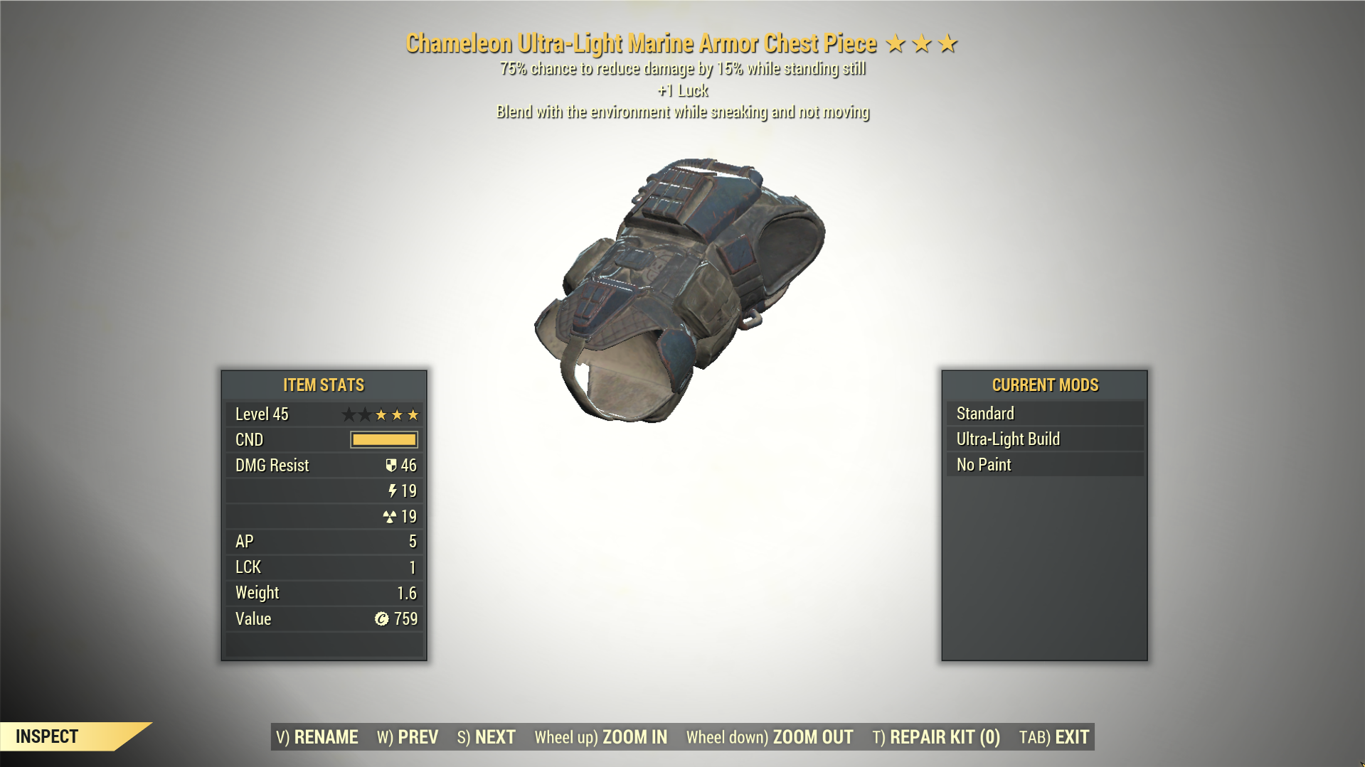 3* Chameleon Sentinel MARINE Armor Chest [+1 Luck] Fallout 76 (PC Only ...