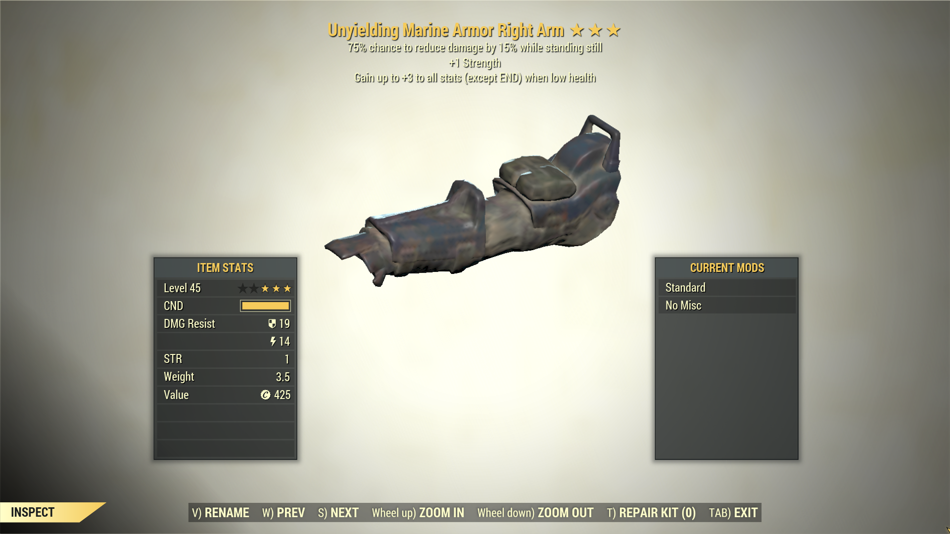 3* Unyielding Sentinel MARINE Armor Right Arm [Strength] Fallout 76 (PC ...