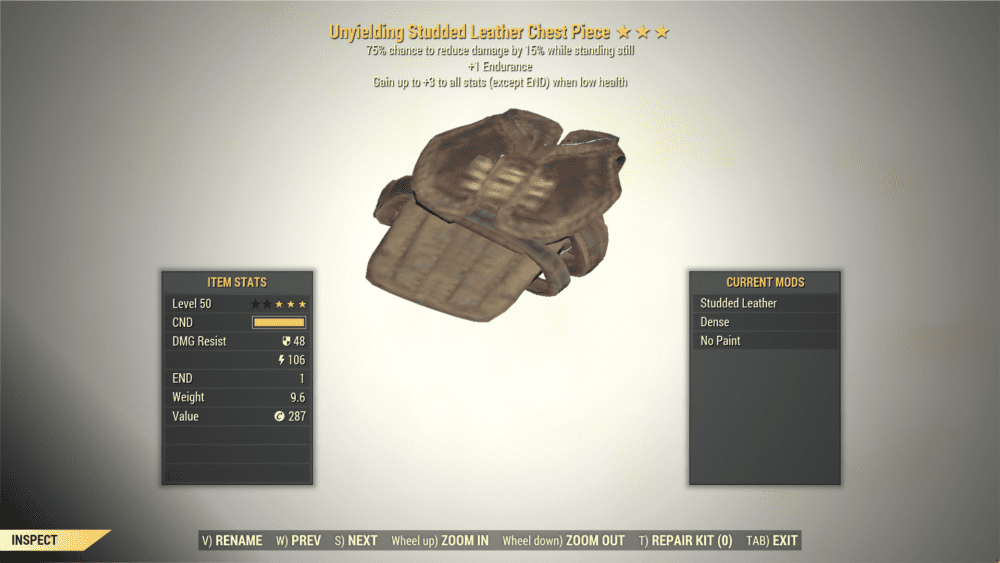 3* Unyielding Sentinel HEAVY LEATHER Armor Chest [Endurance] Fallout 76 ...