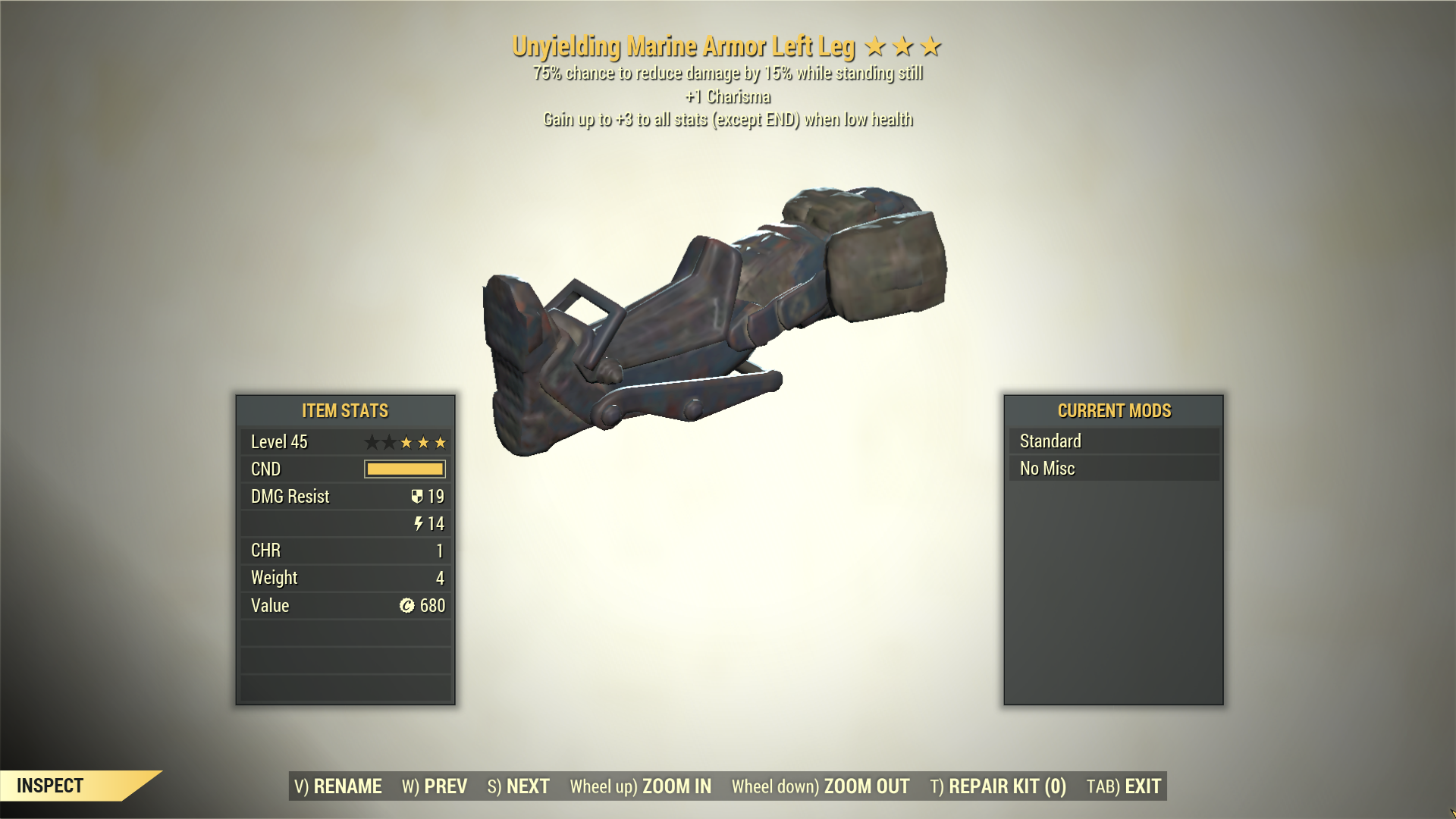 3* Unyielding Sentinel MARINE Armor Left Leg [Charisma] Fallout 76 (PC ...