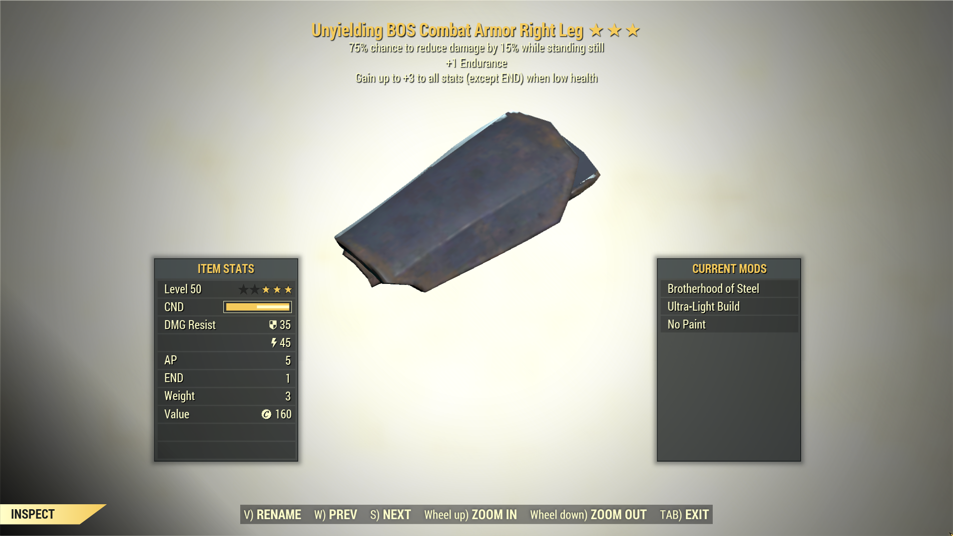 3* Unyielding Sentinel HEAVY COMBAT Armor Right Leg [Endurance] Fallout ...