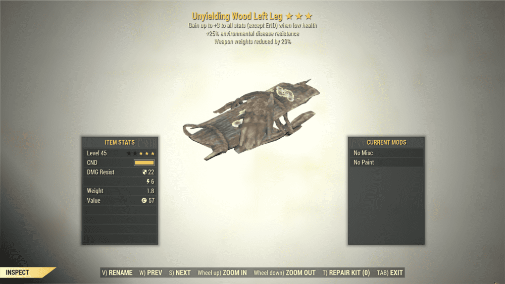 3* Unyielding Weapon Weight Reduction WOOD Armor Left Leg [Disease ...