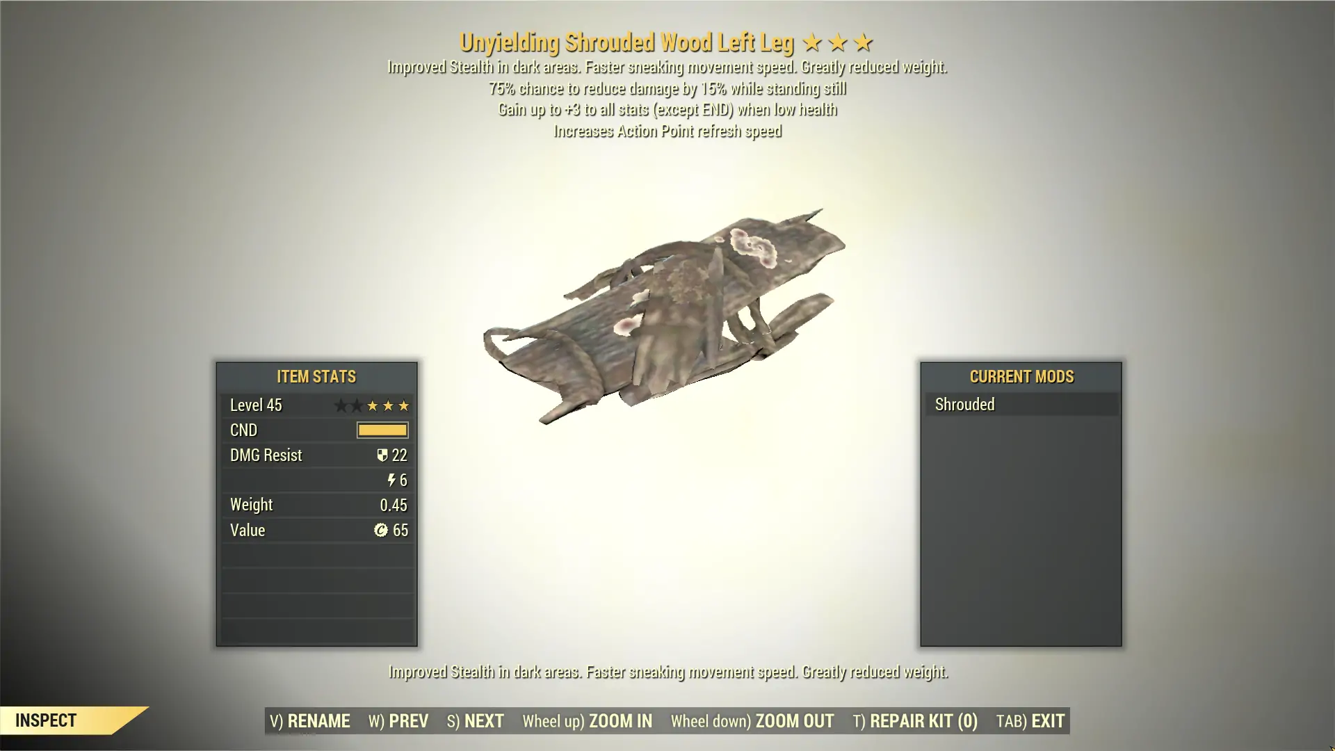 3* Unyielding Sentinel WOOD Armor Left Leg [AP Refresh] Fallout 76 (PC ...