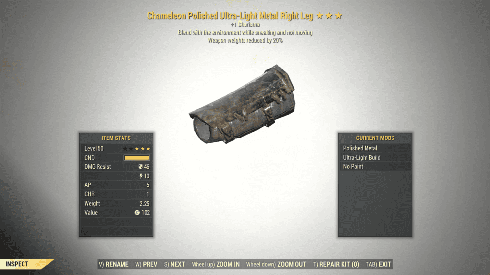 3* Chameleon Weapon Weight HEAVY METAL Armor Right Leg [+1 Charisma ...