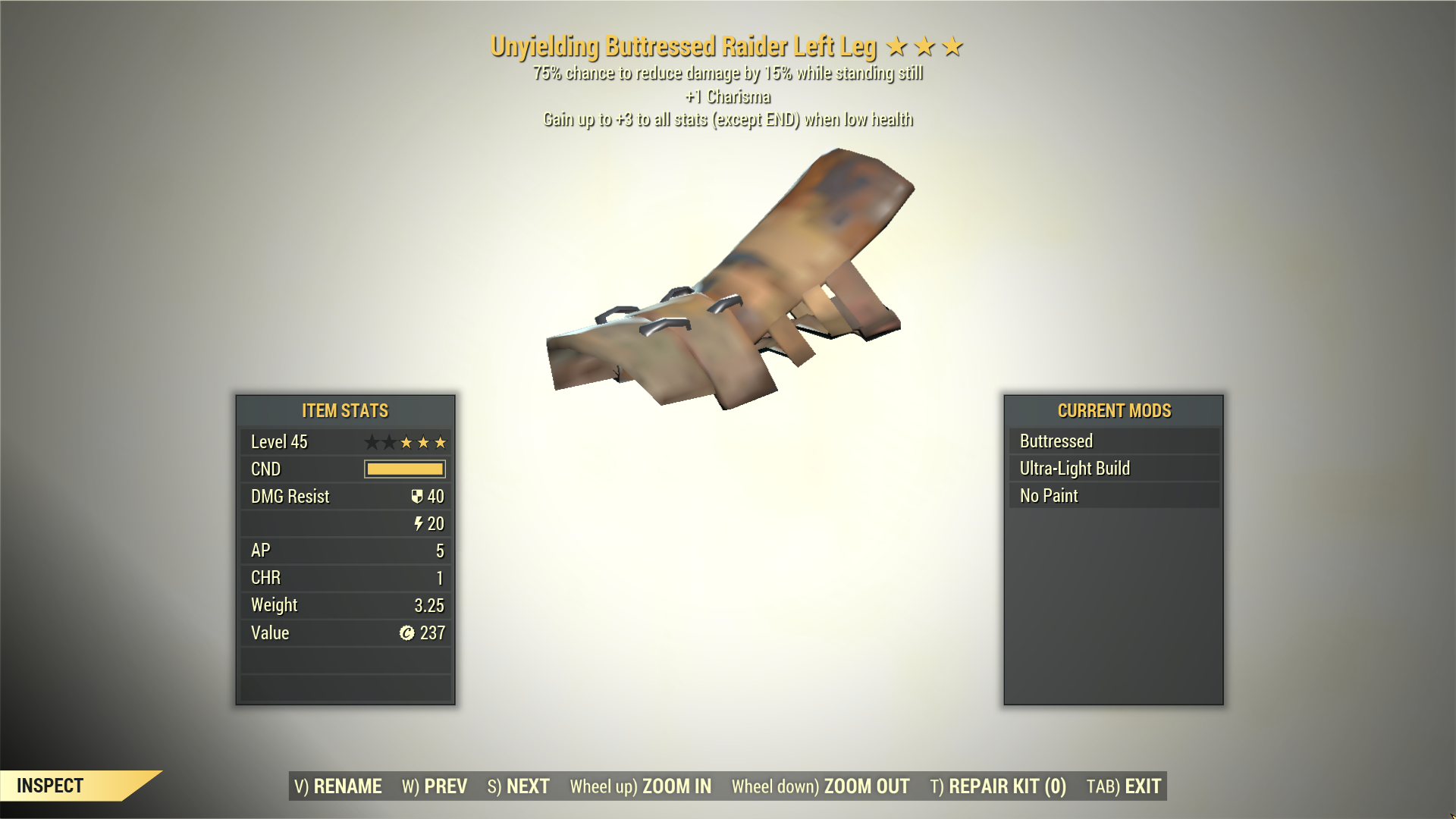 3* Unyielding Sentinel HEAVY RAIDER Armor Left Leg [Charisma] Fallout ...