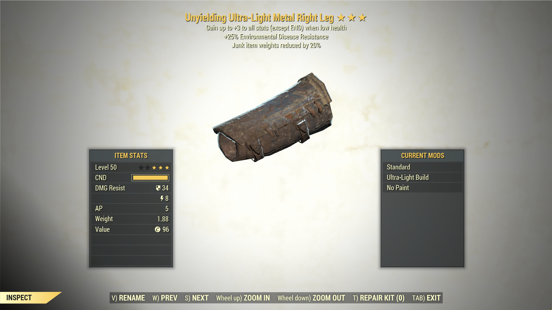 3* Unyielding Junk Weight Reduction HEAVY METAL Armor Right Leg ...