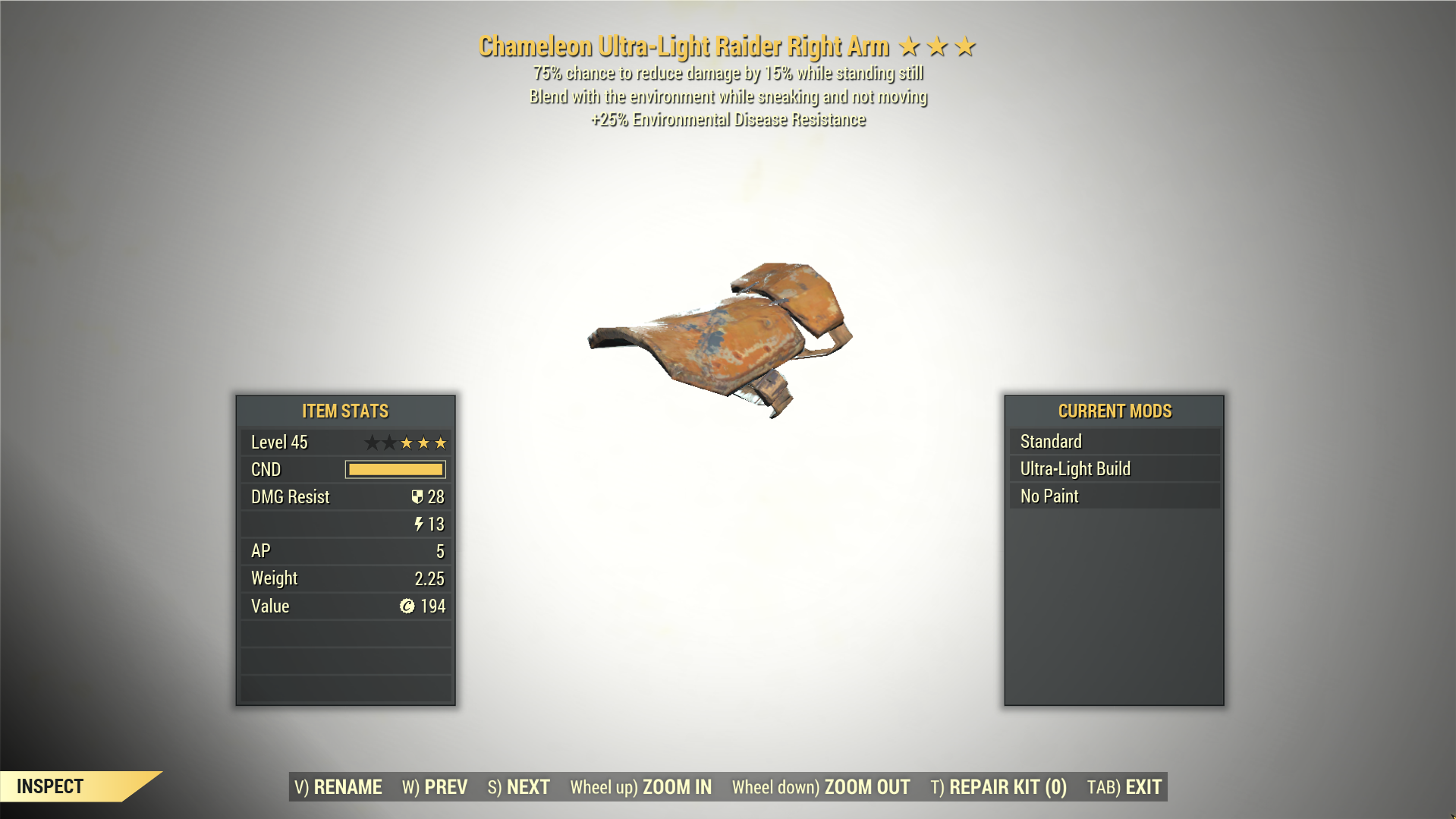 3* Chameleon Sentinel HEAVY RAIDER Armor Right Arm [Disease Resist ...