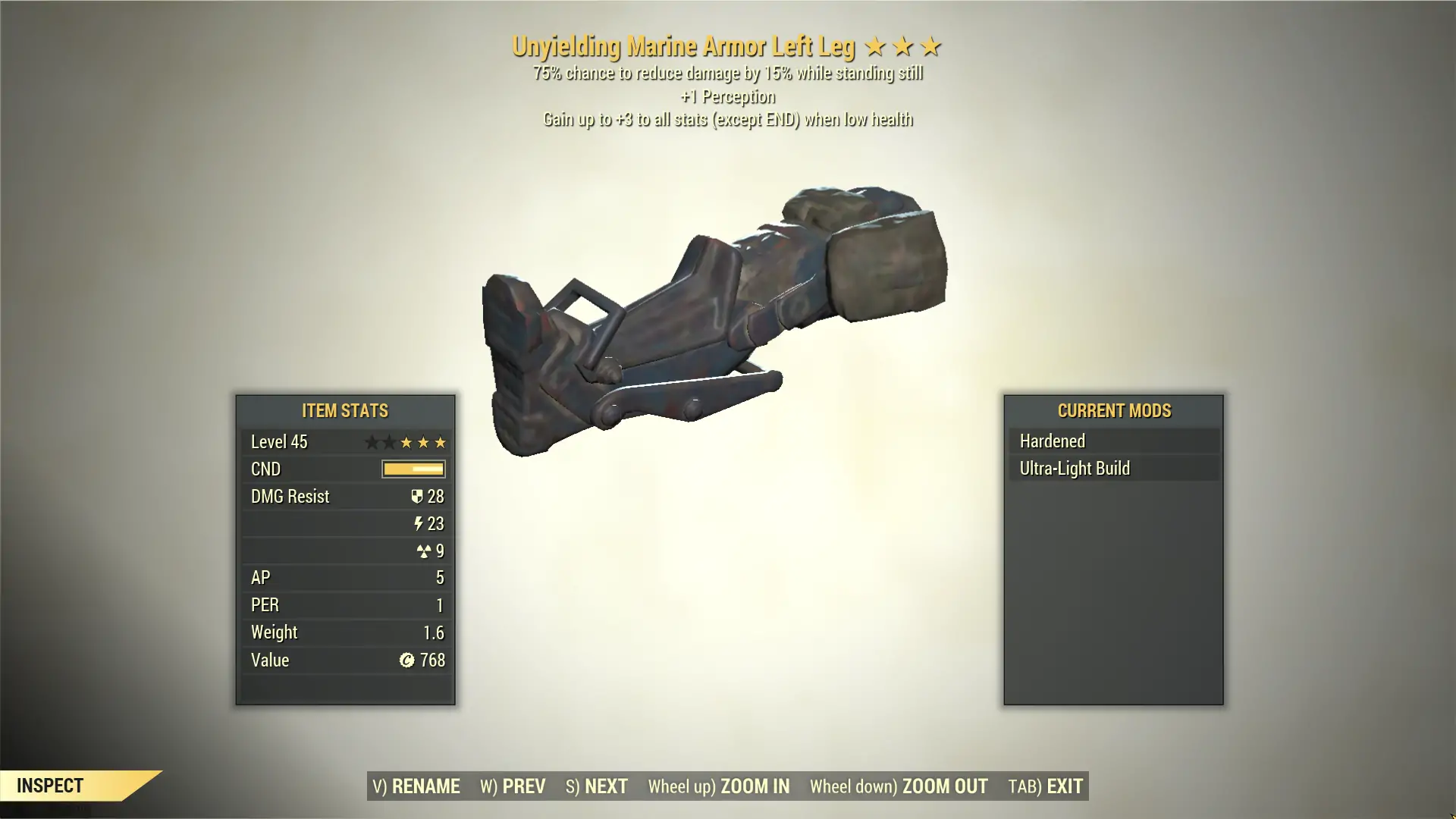 3* Unyielding Sentinel MARINE Armor Left Leg [Perception] Fallout 76 ...