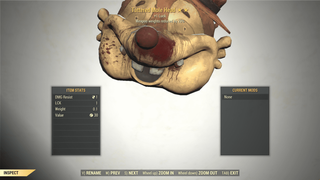2* Weapon Weight Reduction [+1 Luck] Tattered Mole Head Legendary ...