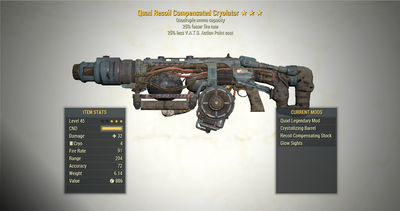 3* Quad CRYOLATOR 25% Faster Fire Rate [25% Less VATS AP Cost] Fallout ...