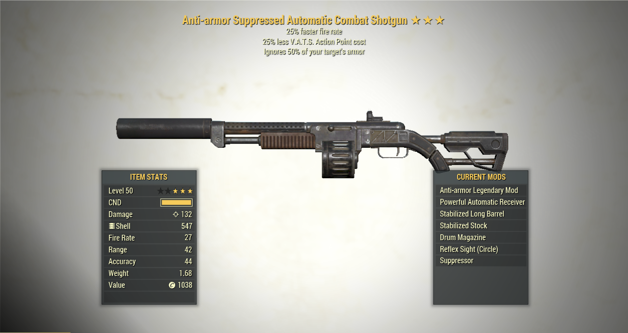 3* Anti-Armor COMBAT SHOTGUN Faster Fire Rate [25% VATS Cost] Fallout ...