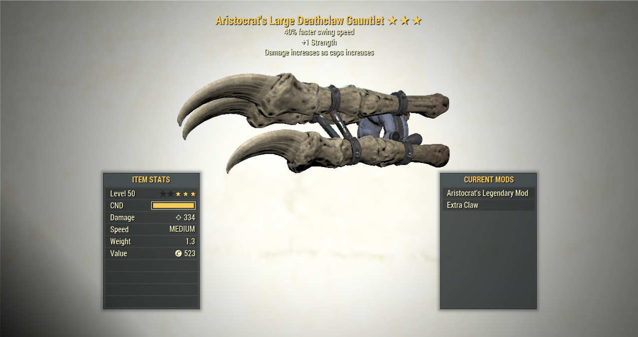 3* Aristocrat's DEATHCLAW GAUNTLET Swing Speed [+1 Strength] Fallout 76 ...