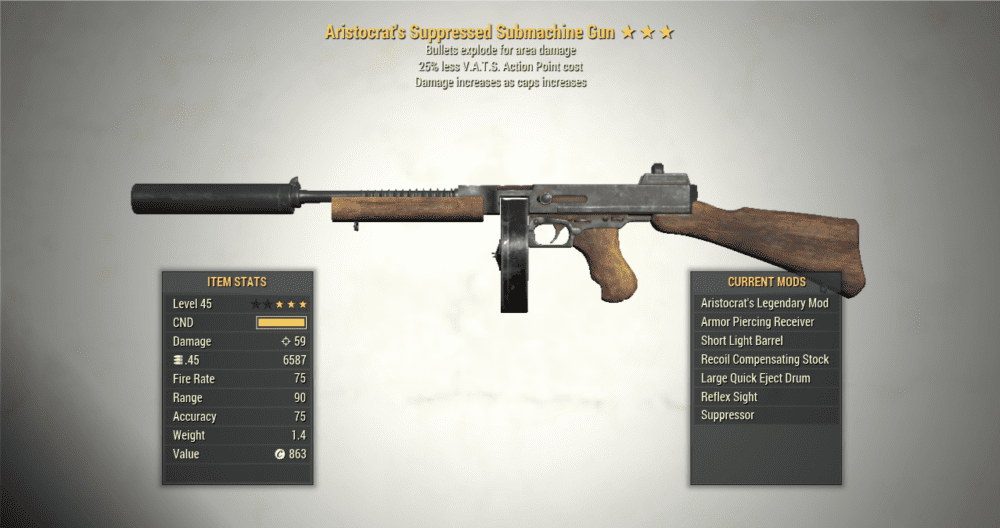 3* Aristocrat's SUBMACHINE GUN Explosive [25% VATS AP Cost] Fallout 76 ...