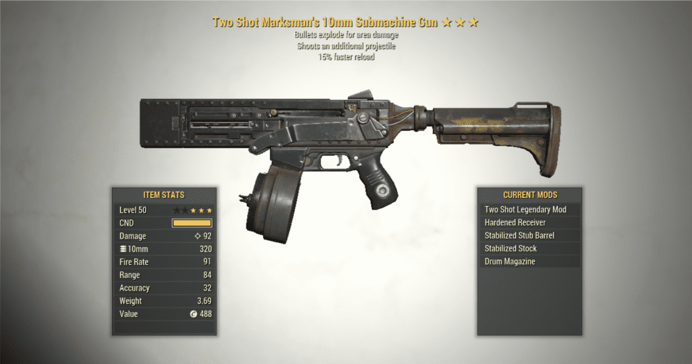 3* Two Shot 10MM SUBMACHINE GUN Explosive [Faster Reload] Fallout 76 ...